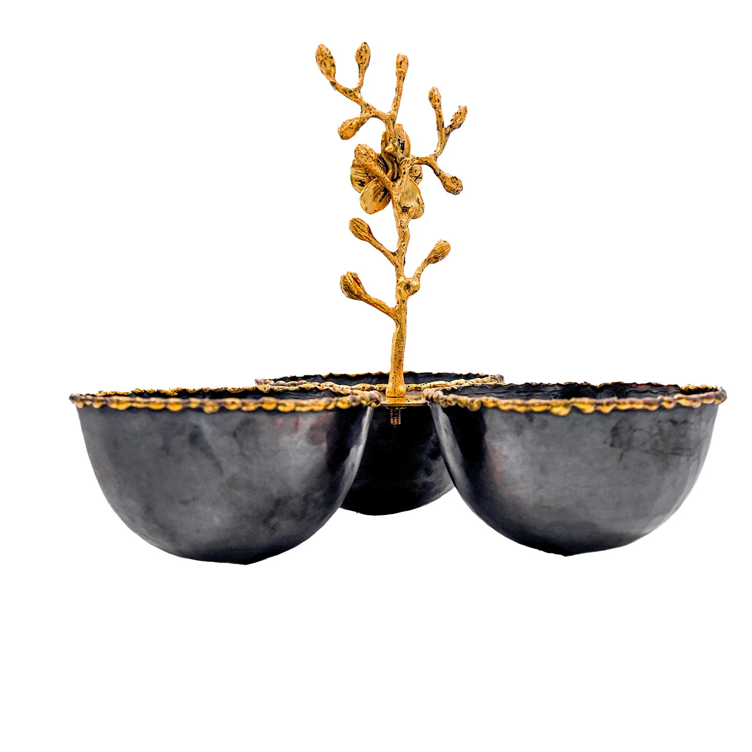 Copper Three-Condiment Bowls with Gold Detailed Holder