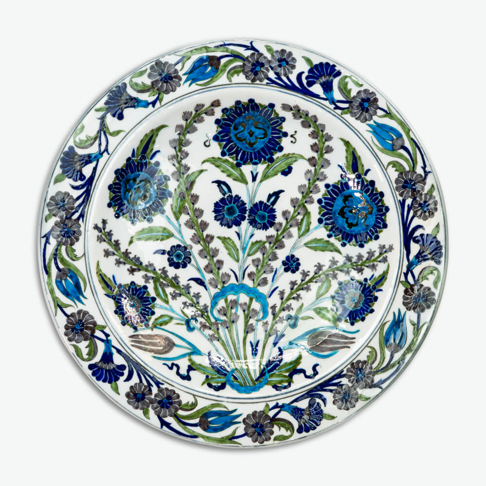 16th Century Iznik Ceramic Plate - Carnation & Tulip Pattern [14.17"]